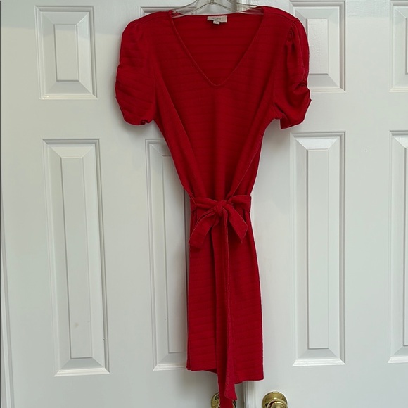 LOFT | Dresses | Loft Red Sheath Midi Dress With Puff Sleeves | Poshmark
